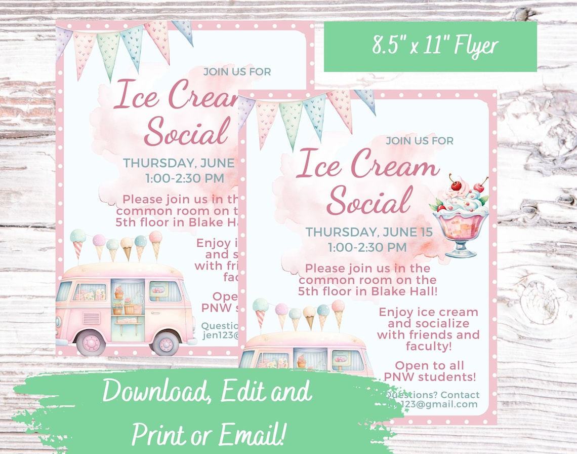 Pink Ice Cream Social Invitation Flyer Template, Editable and Printable ...