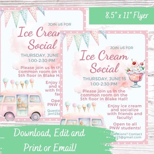 Pink Ice Cream Social Invitation Flyer Template, Editable and Printable ...