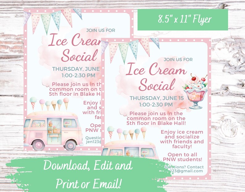 Pink Ice Cream Social Invitation Flyer Template, Editable and Printable ...