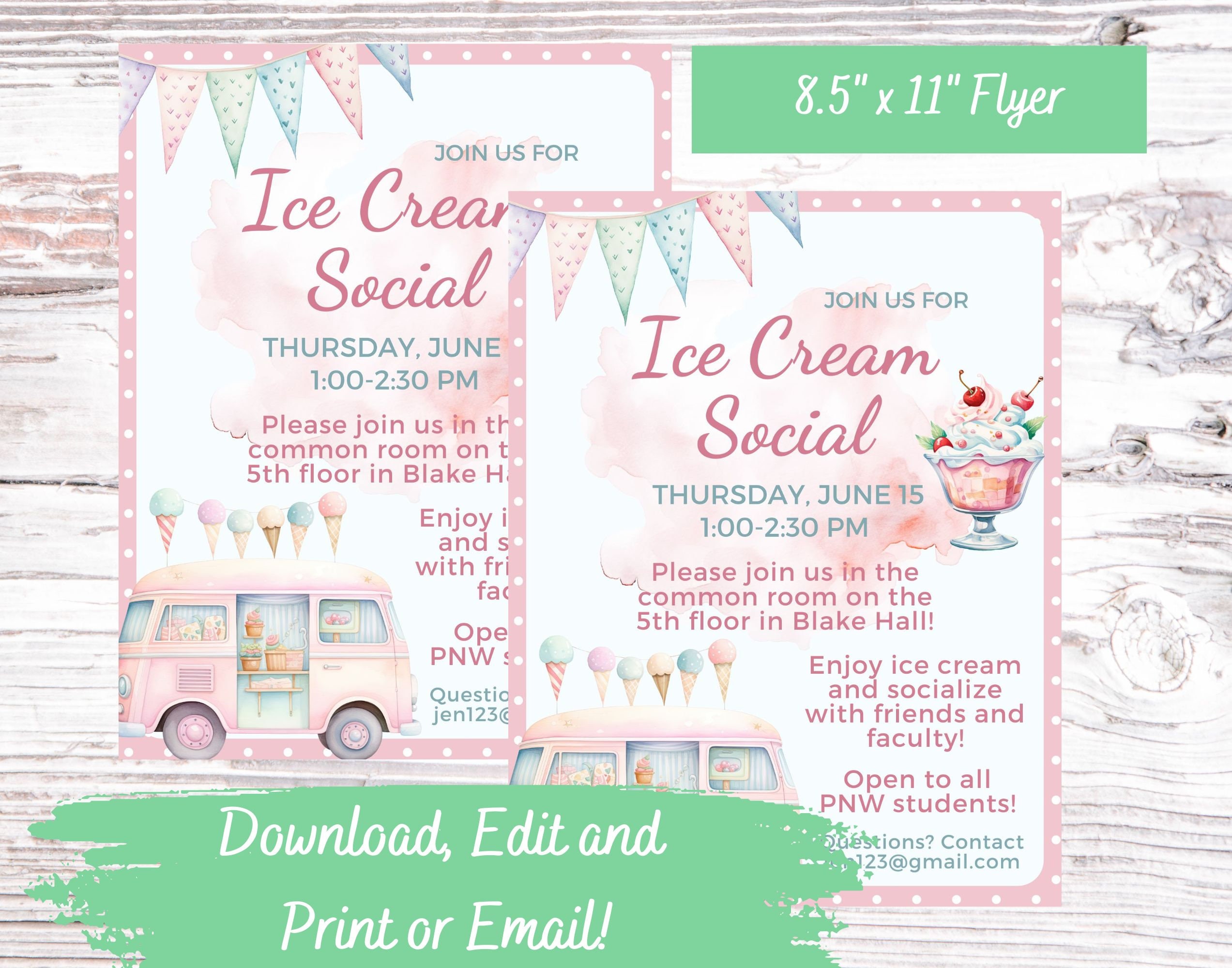 Pink Ice Cream Social Invitation Flyer Template, Editable and Printable ...
