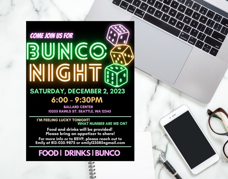 EDITABLE and Printable Neon Bunco Night Invitation Flyer Template ...