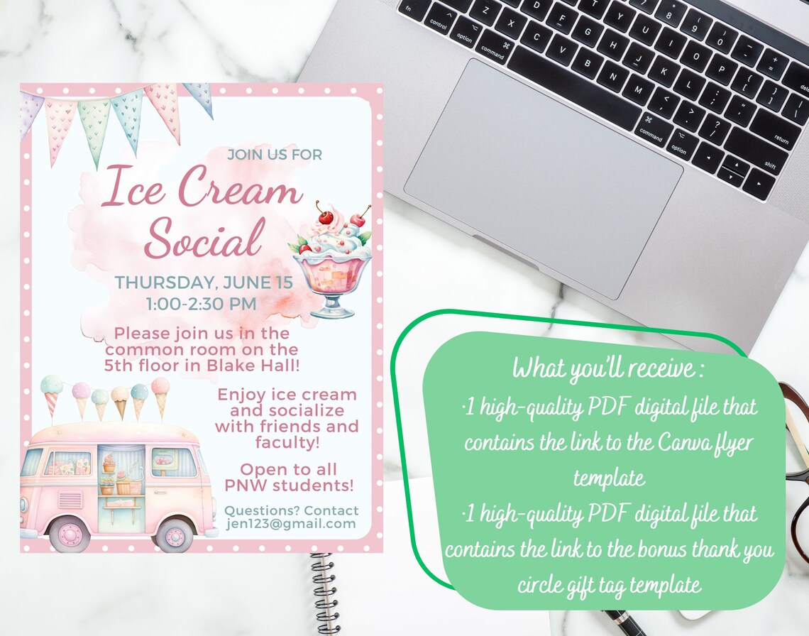 Pink Ice Cream Social Invitation Flyer Template, Editable and Printable ...