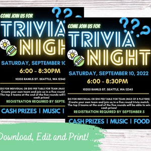 Editable and Printable Neon Trivia Night Invitation Flyer Template ...
