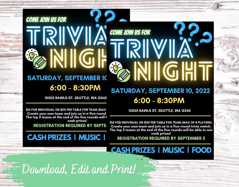 Editable and Printable Neon Trivia Night Invitation Flyer Template ...