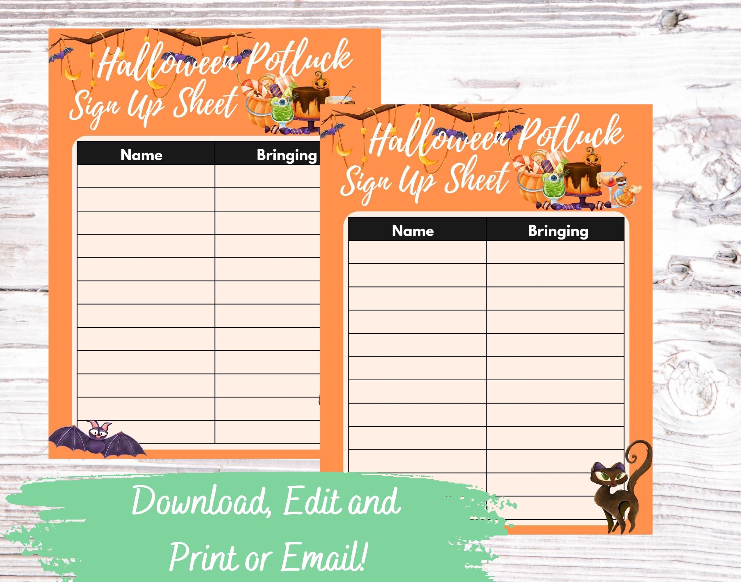 EDITABLE and Printable Halloween Potluck Sign up Sheet Template ...