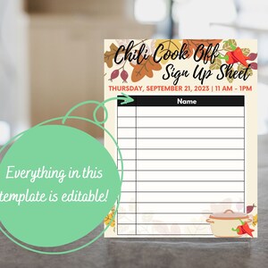 EDITABLE and Printable Chili Cook off Flyer and Sign up Sheet Template ...