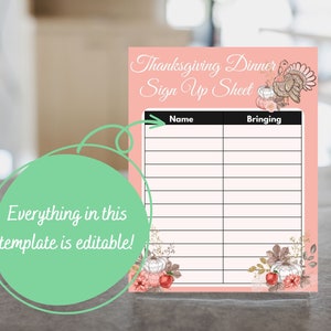 EDITABLE and Printable Fall Thanksgiving Dinner Sign up Sheet Template ...
