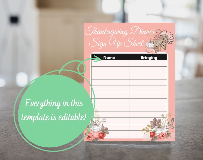 EDITABLE and Printable Fall Thanksgiving Dinner Sign up Sheet Template ...