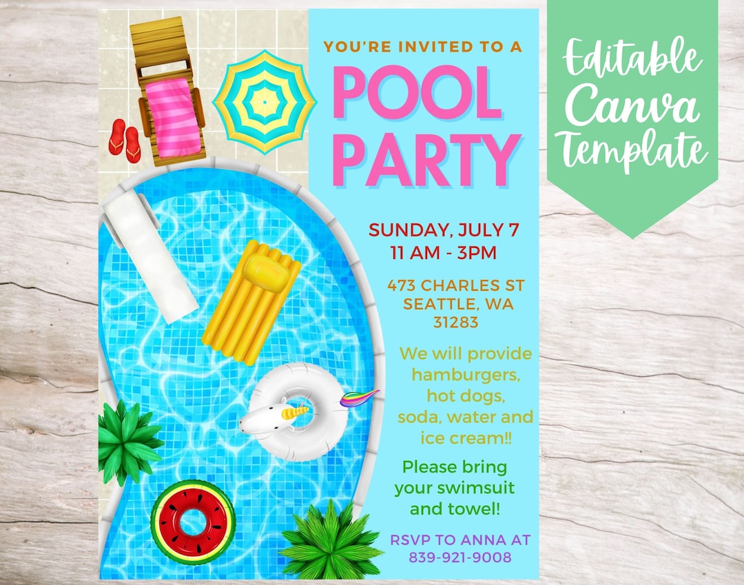 Rainbow Pool Party Invitation Flyer Template, Editable and Printable ...