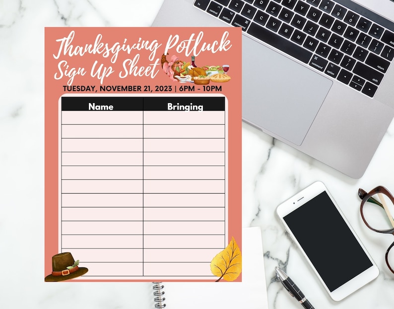 EDITABLE and Printable Thanksgiving Potluck Sign up Sheet Template ...