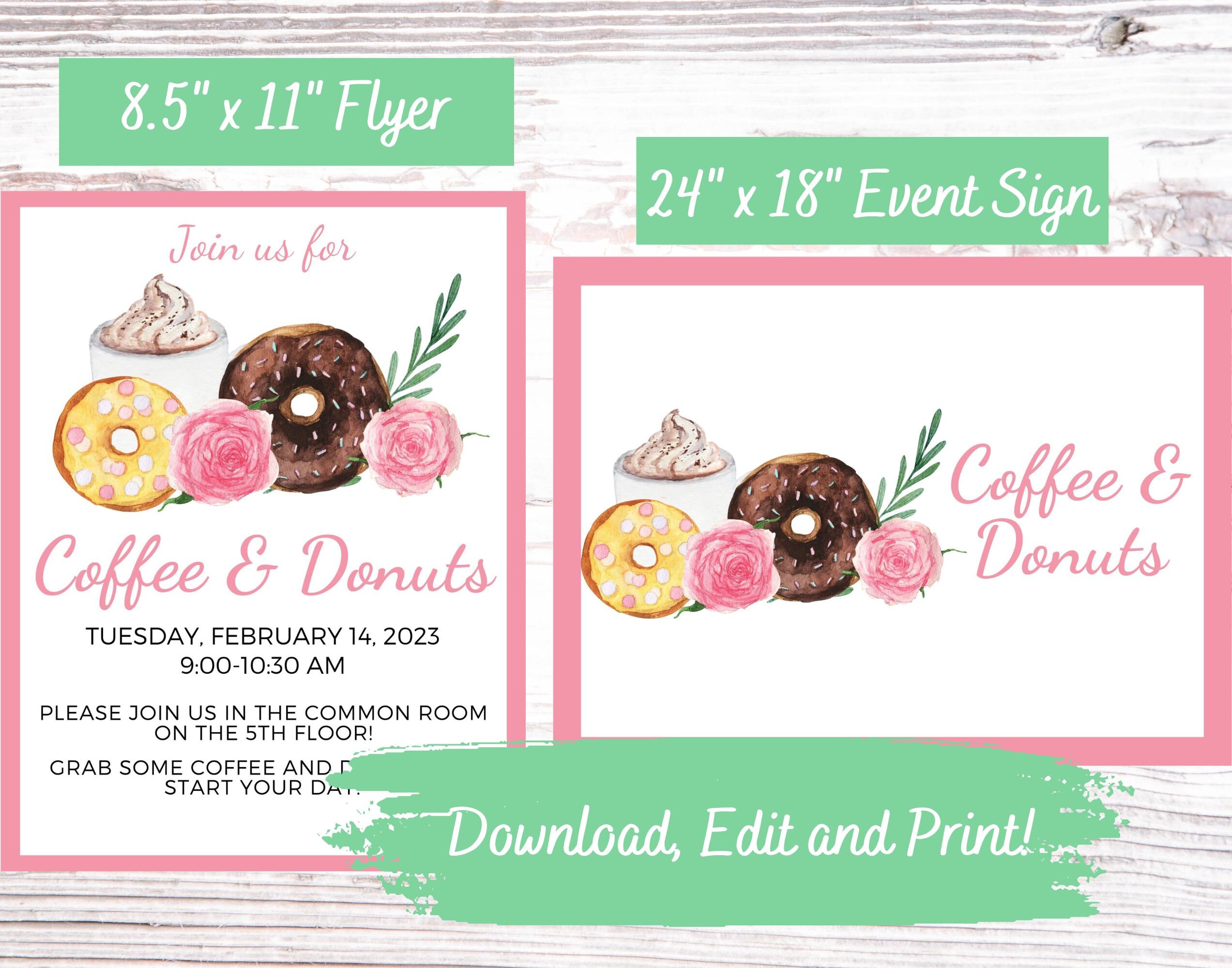 EDITABLE and Printable Pink Coffee and Donuts Flyer and Event Sign ...