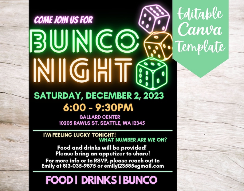 EDITABLE and Printable Neon Bunco Night Invitation Flyer Template ...