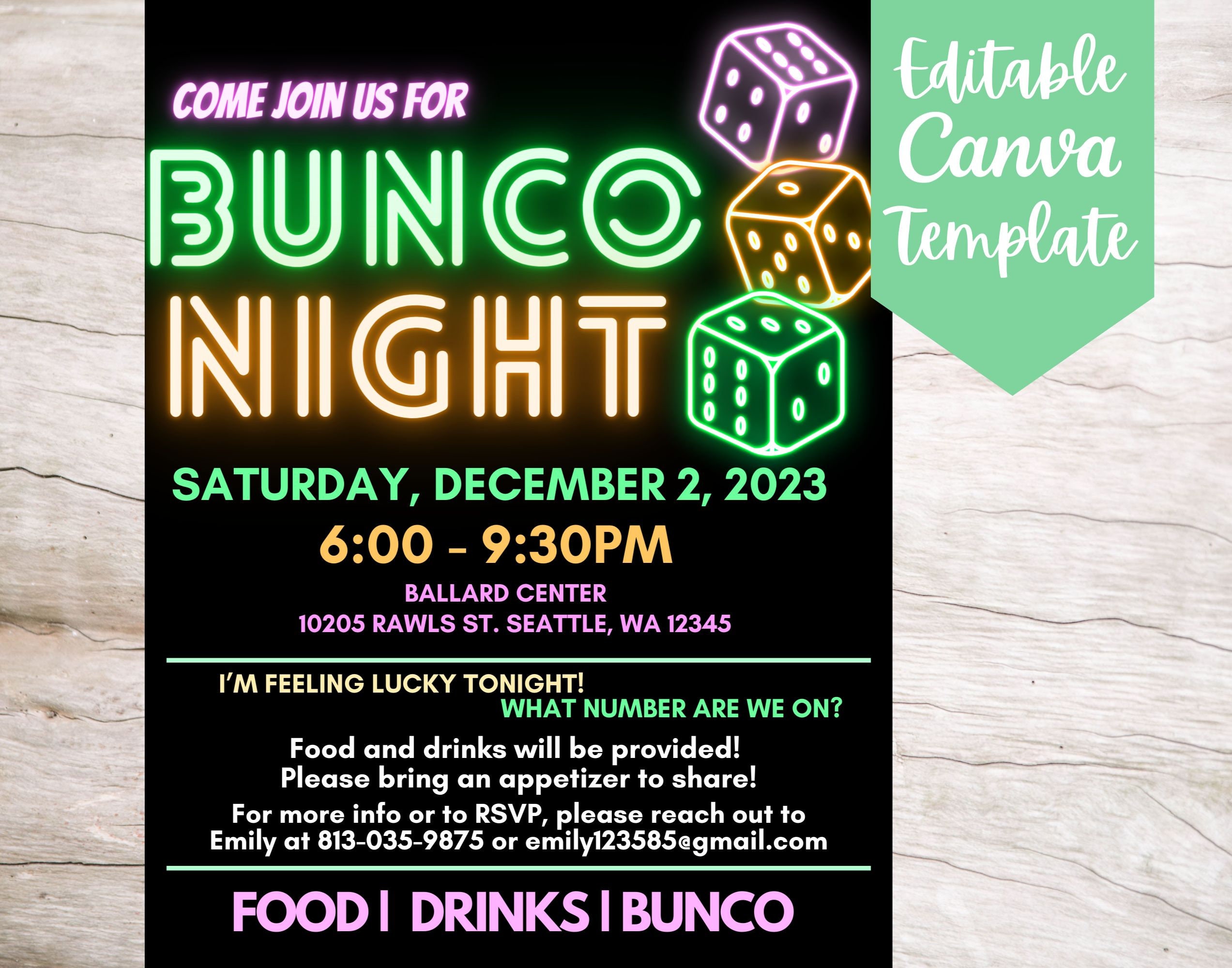 EDITABLE and Printable Neon Bunco Night Invitation Flyer Template ...