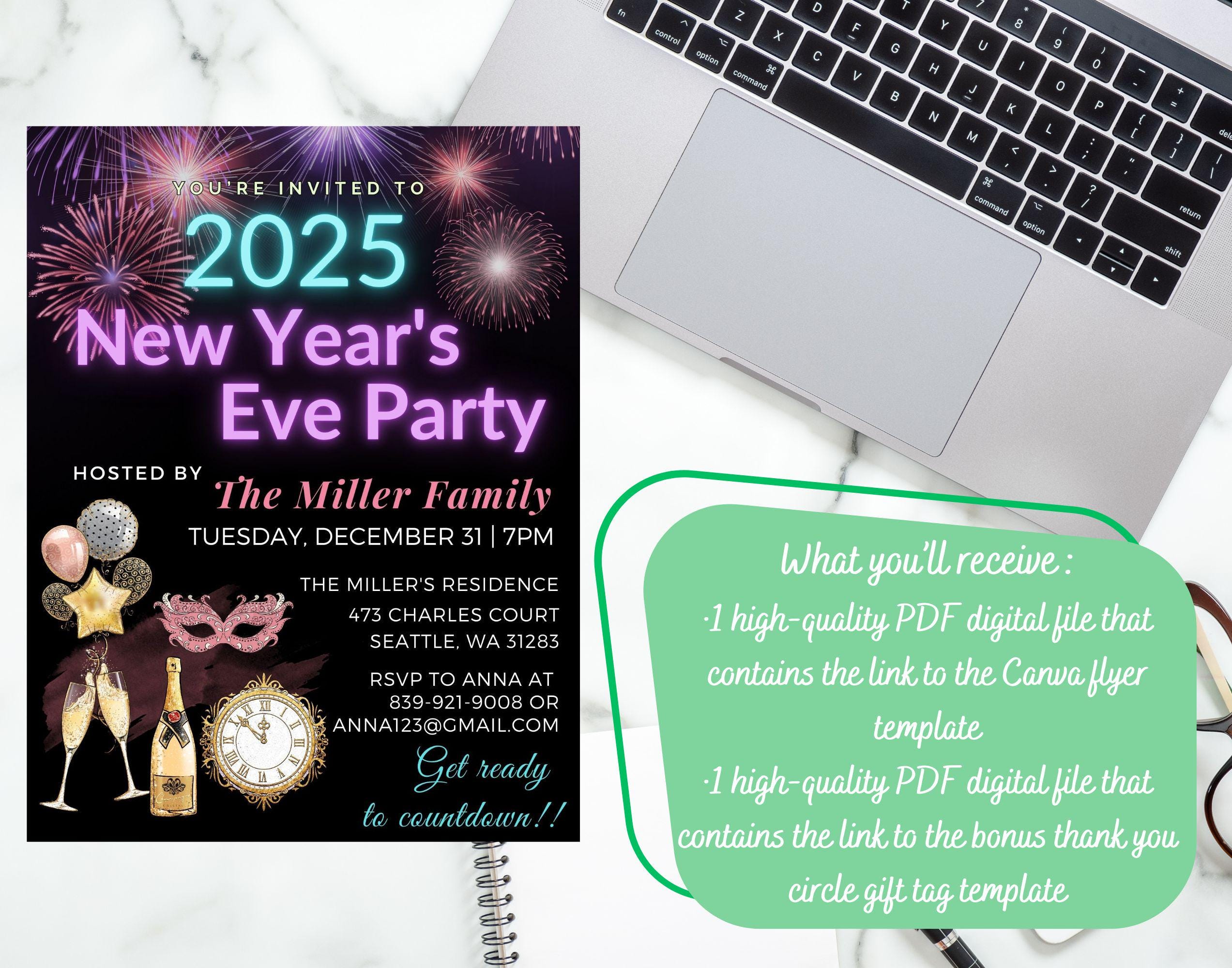 2025 New Year's Eve Party Invitation Flyer Template, Editable and ...
