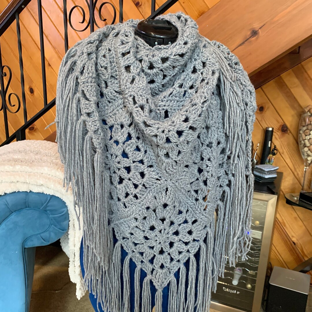Handmade Granny Square Shawl: Oxford Grey Crochet Wrap With Fringe - Etsy