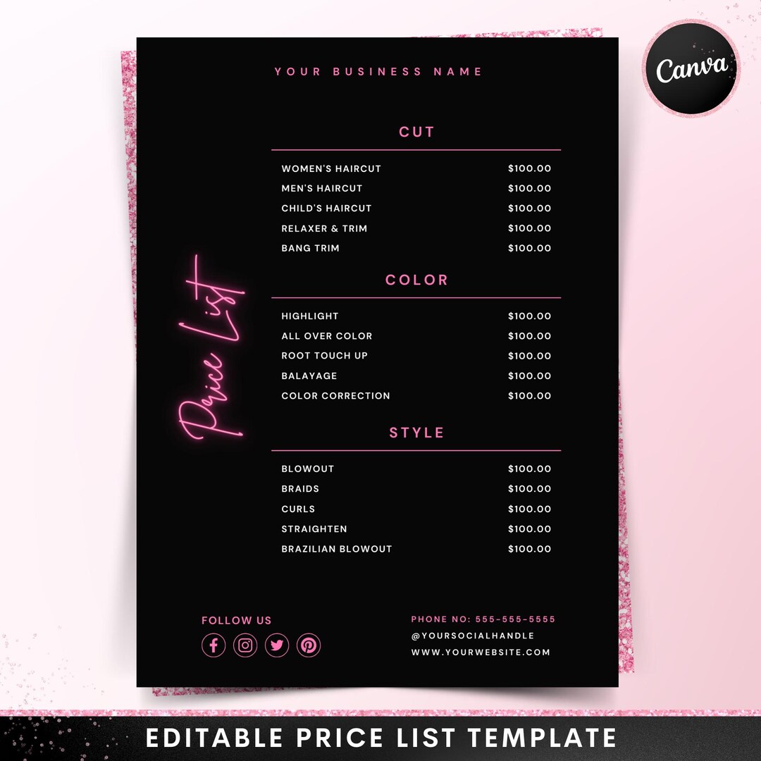 Price List Template, Editable Beauty Salon Pricing Template Design, DIY ...
