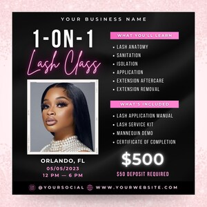 1 on 1 Lash Class Flyer, DIY Lash Training Masterclass Course Template ...