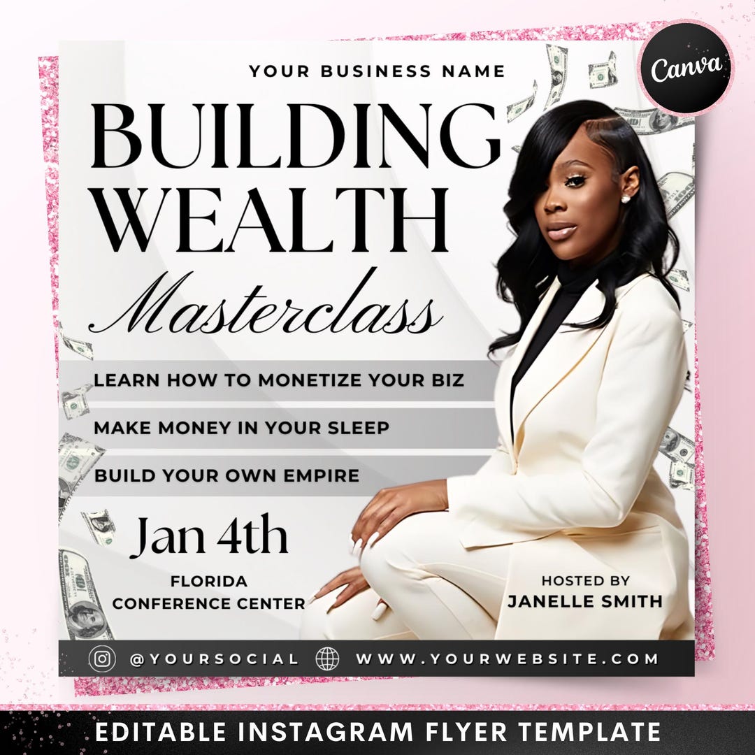 Wealth Masterclass Flyer, DIY Flyer Template Design, Wealth Building Flyer, Hair Lash Makeup ...