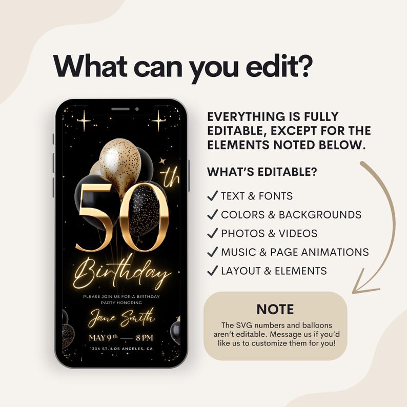 Digital 50th Birthday Party Invitation Video Template, Luxury Black and ...