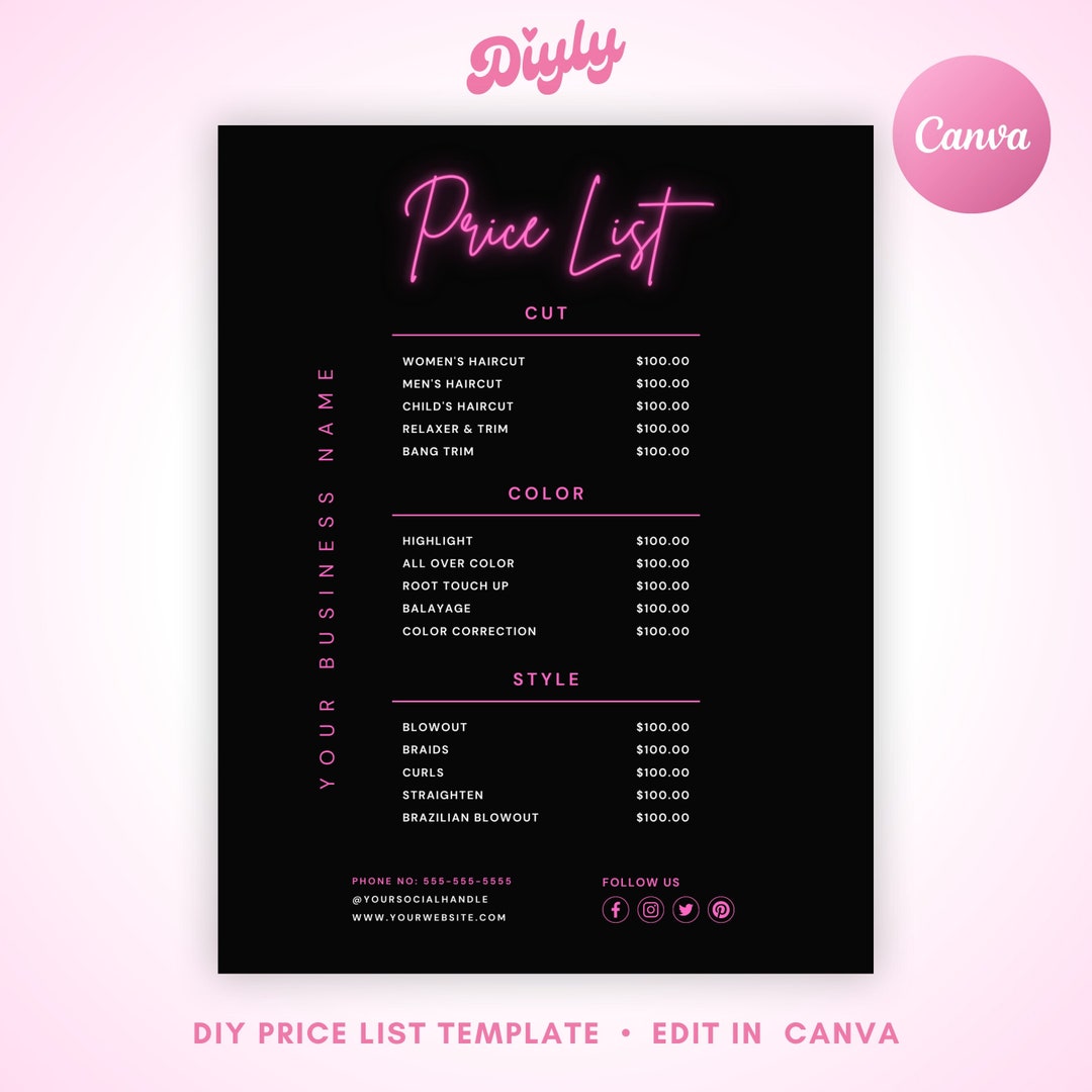 DIY Price List Template, Editable Beauty Salon Pricing Template Design ...
