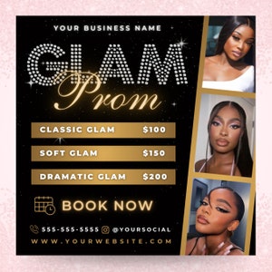 Glam Prom Specials Flyer, DIY Gold Prom Queen Beauty Makeup Artist Hair ...