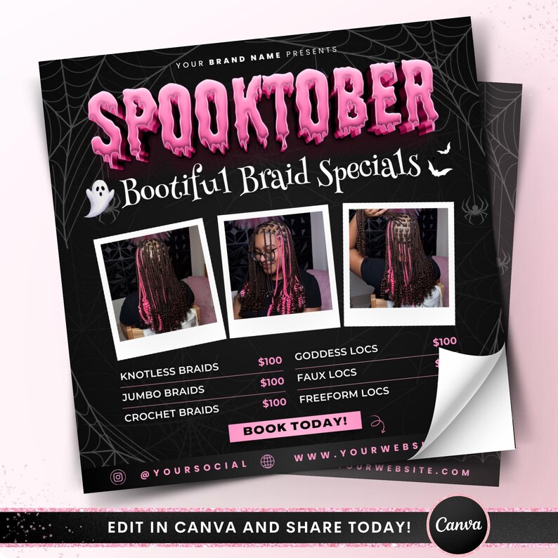 October Braid Special Flyer, Spooky Season Bookings Available Flyer ...