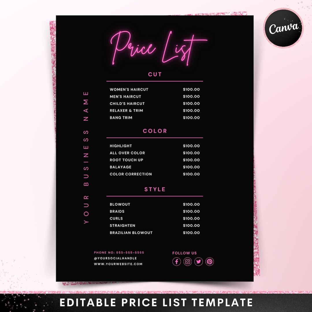 Price List Template, Editable Beauty Salon Pricing Template Design, DIY ...