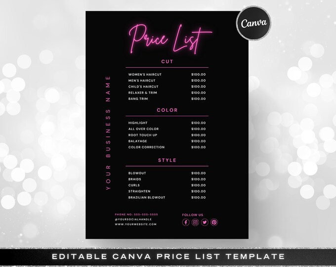 Editable Beauty Salon Price List Template, Editable Services Menu ...