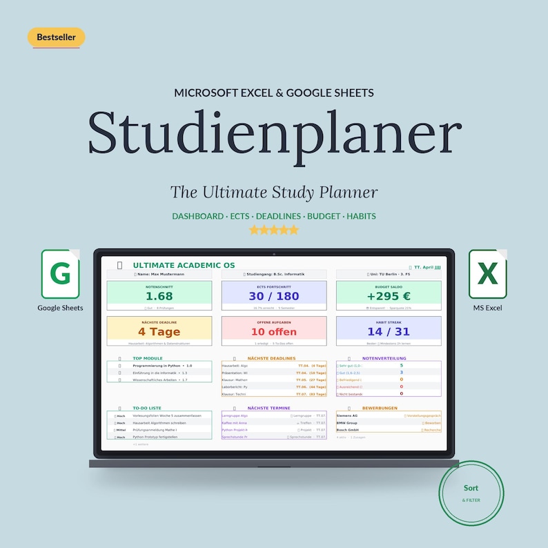 Study Planner Excel & Google Sheets | ECTS Grade Calculator, Deadline ...