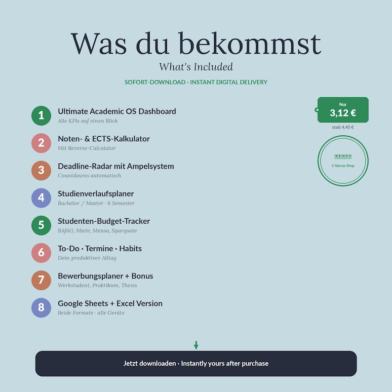 Study Planner Excel & Google Sheets | ECTS Grade Calculator, Deadline ...