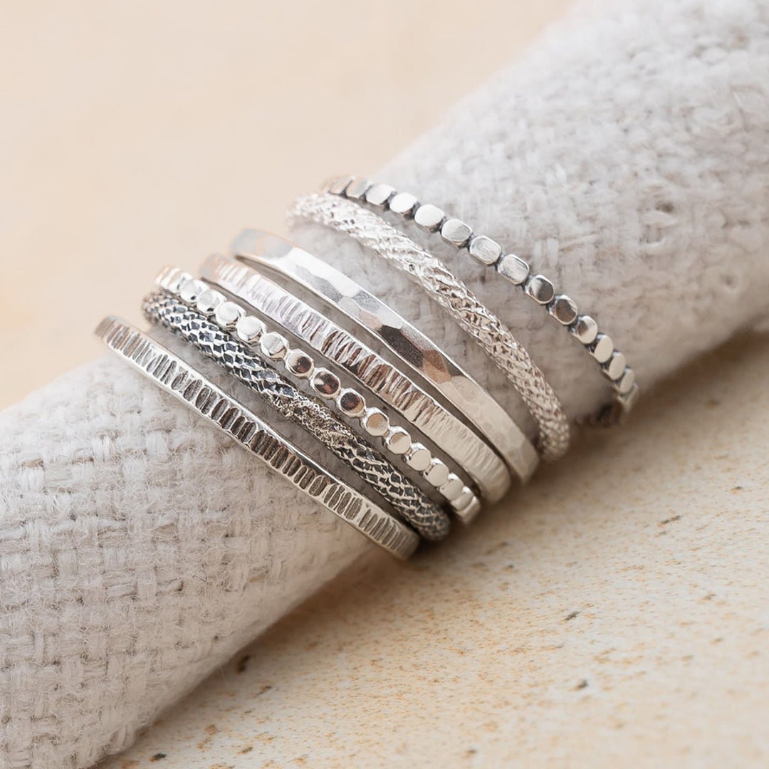Set of 7 Sterling Silver Stacking Rings, Thin & Thick Rings, Hammered Rings, Silver Stack Rings ...