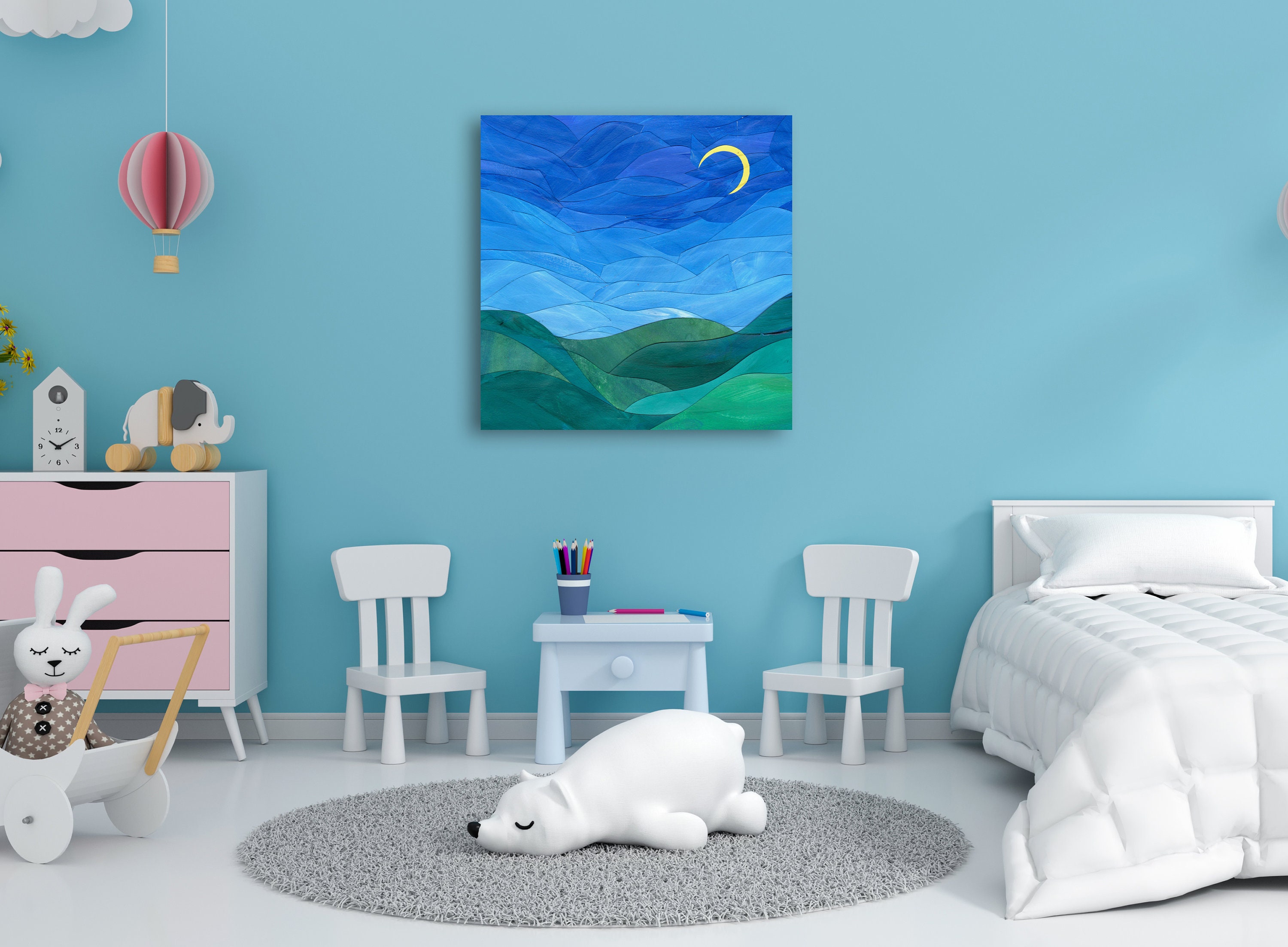 Crescent Moon Paper Collage Print and Canvas Print, Sunset Hills and ...