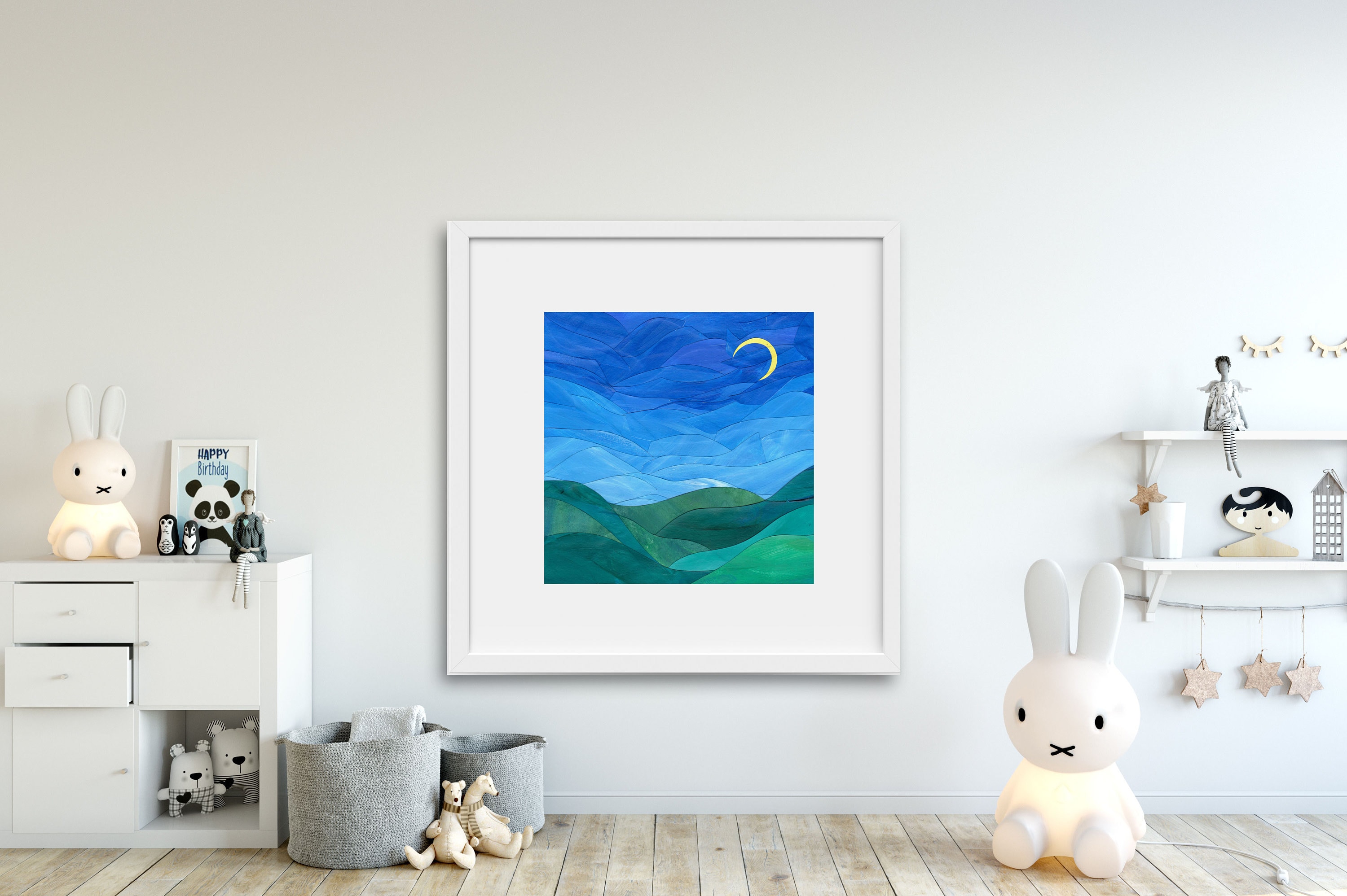 Crescent Moon Paper Collage Print and Canvas Print, Sunset Hills and ...