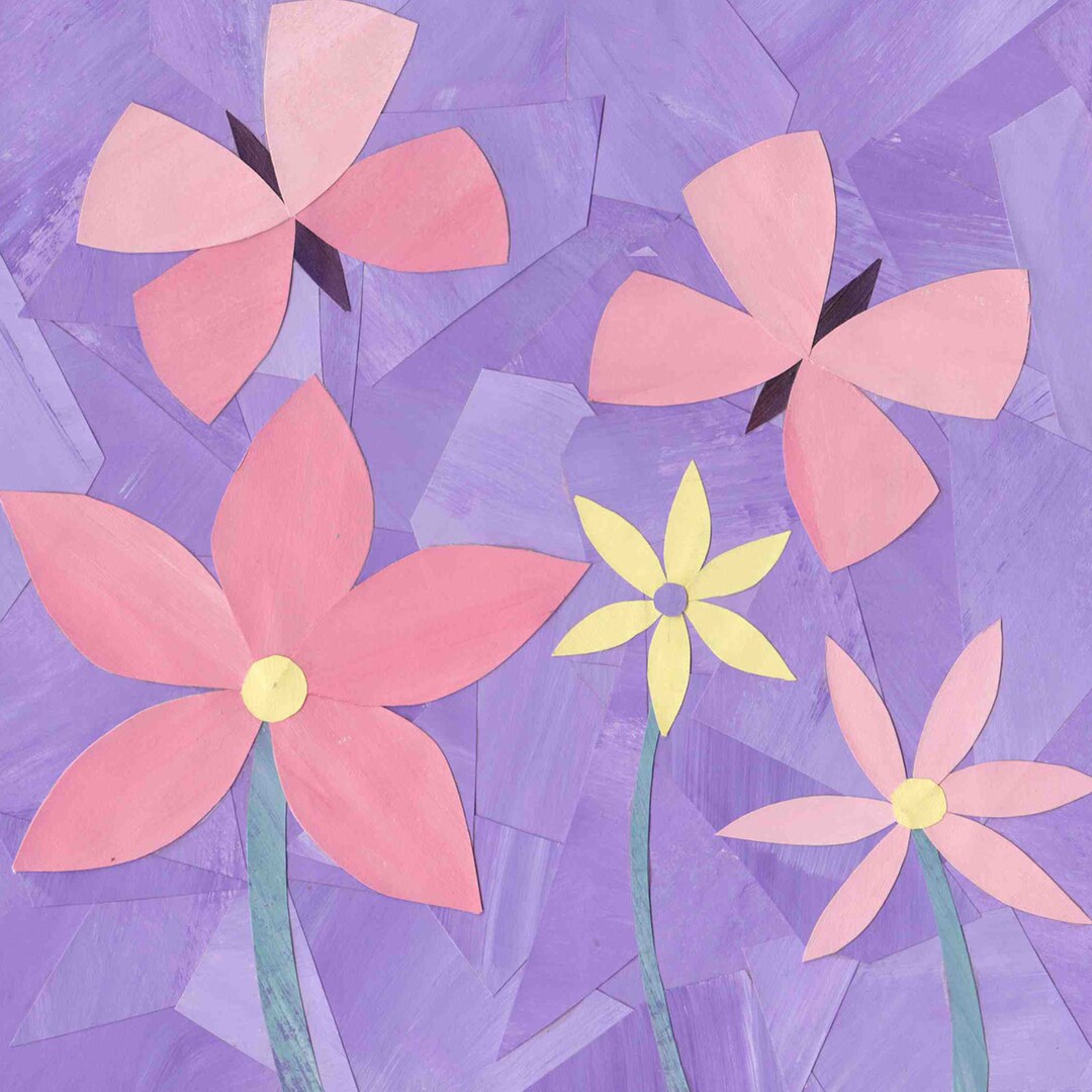 Pink Daises Paper Collage Print and Canvas Print, Daises Art Kids Room ...