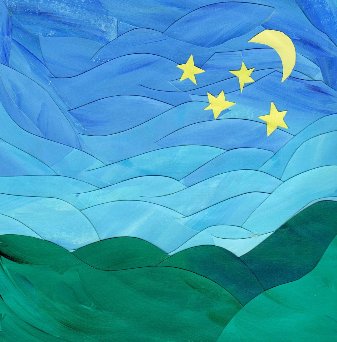 Stars and Moon Paper Collage Print and Canvas Print - Etsy