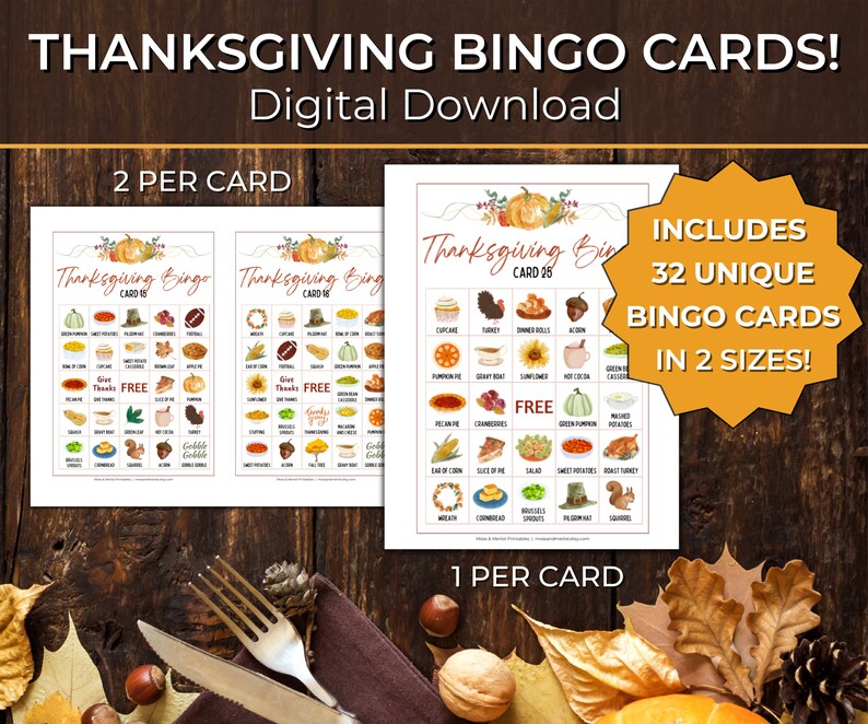 Thanksgiving Printable Bingo Game, Thanksgiving Family Game, 32 Bingo ...