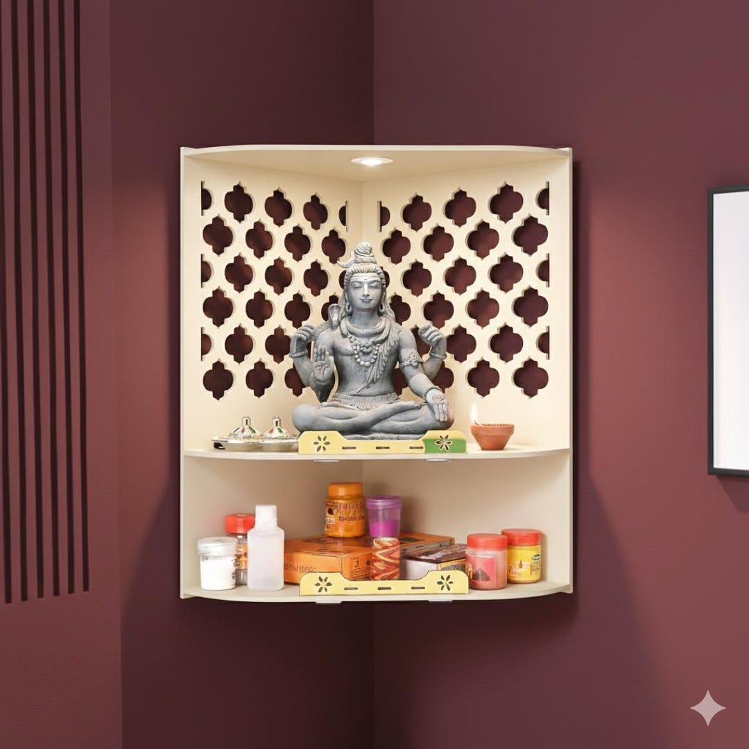 Corner Wooden Mandir – Cream Wall-mounted Pooja Shelf With Shiva Space ...