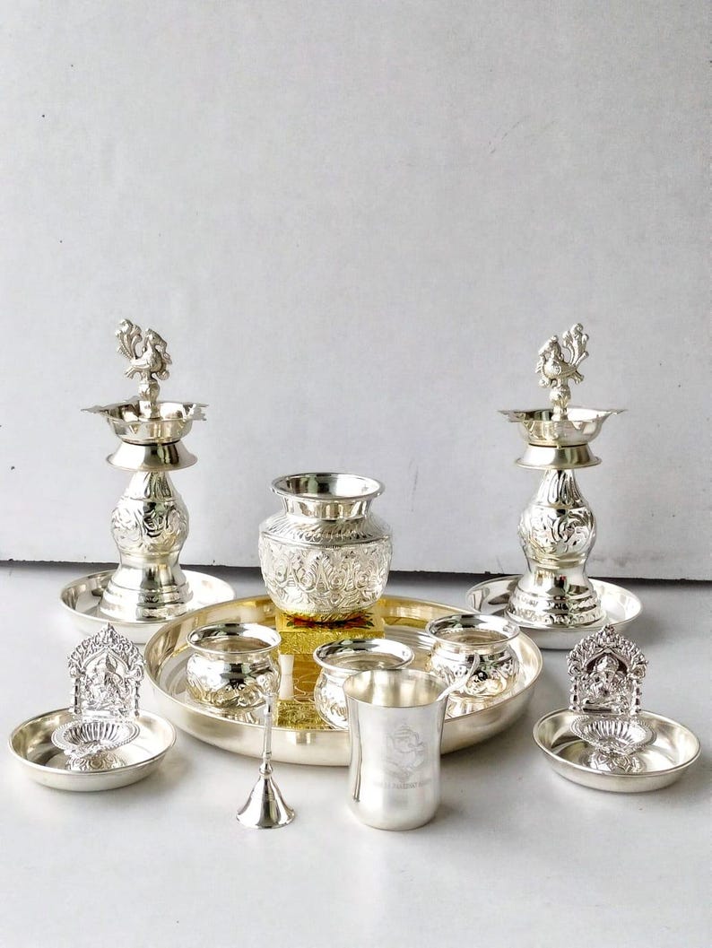 Engraved German Silver Pooja Thali Set: Indian Puja Decor- Its ...