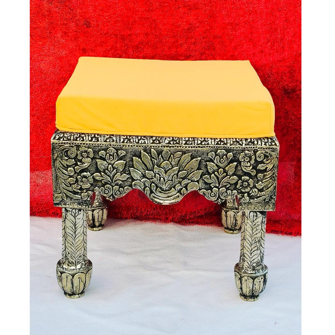 Antique German Silver Vintage Look Full Carving Teak Wood Base Stool ...