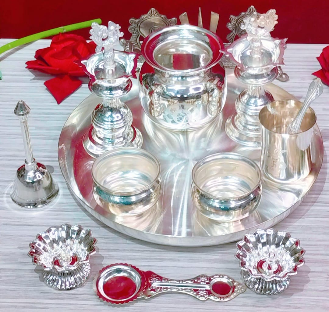 Indian Puja Set, Indian Pooja Thali Set, German Silver Pooja Thali Set ...