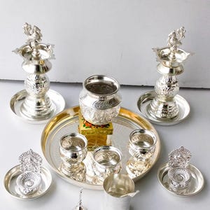 Engraved German Silver Pooja Thali Set: Indian Puja Decor- Its ...