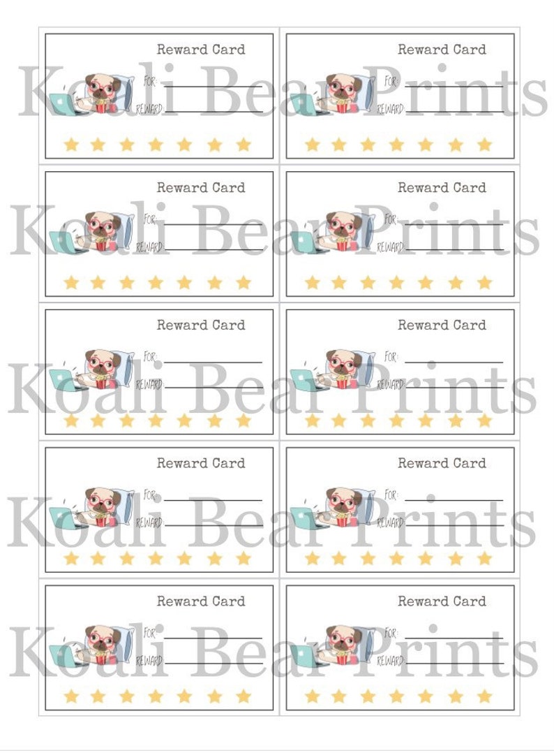 Pug Laptop Reward Punch Card - Digital Download Printable - Punch Card ...