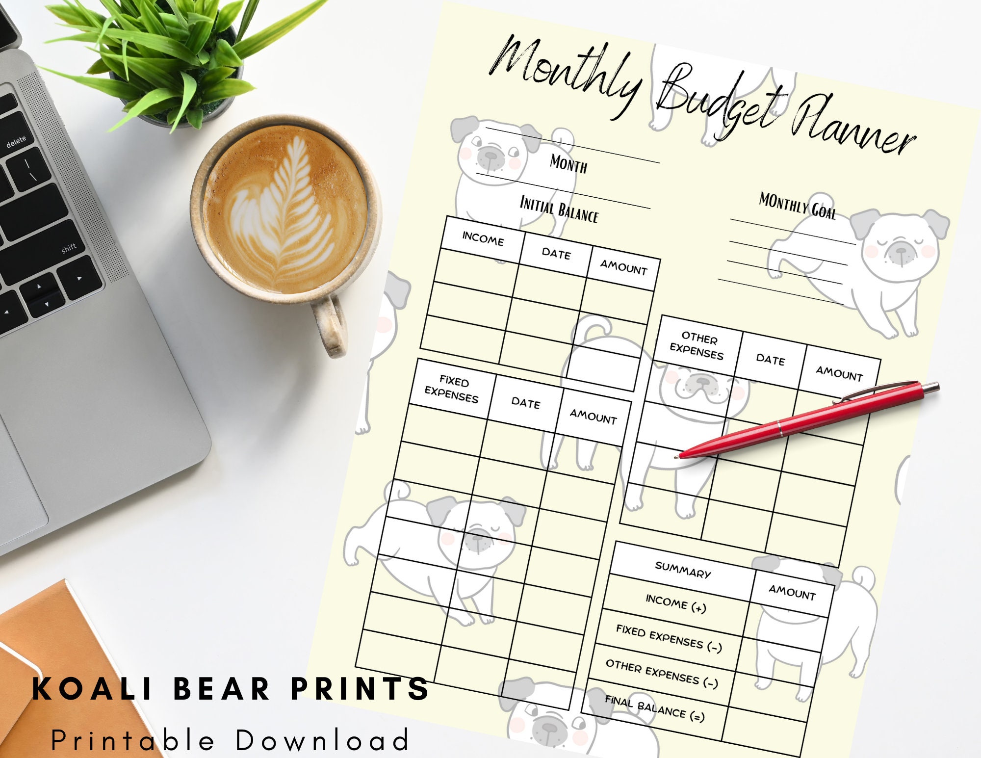 Pug Dog Monthly Budget Planner: Minimalist Finance Tracker (digital ...