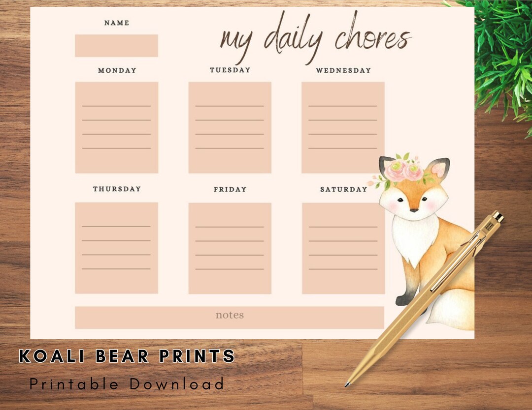 Fox Chore Chart (download), Tracker, Printable, Template, Download ...