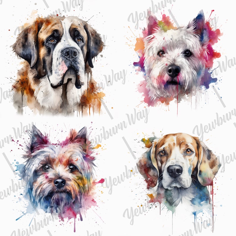 Digital Download Set, Printable Dog Art, Watercolour Dog Drawings for ...
