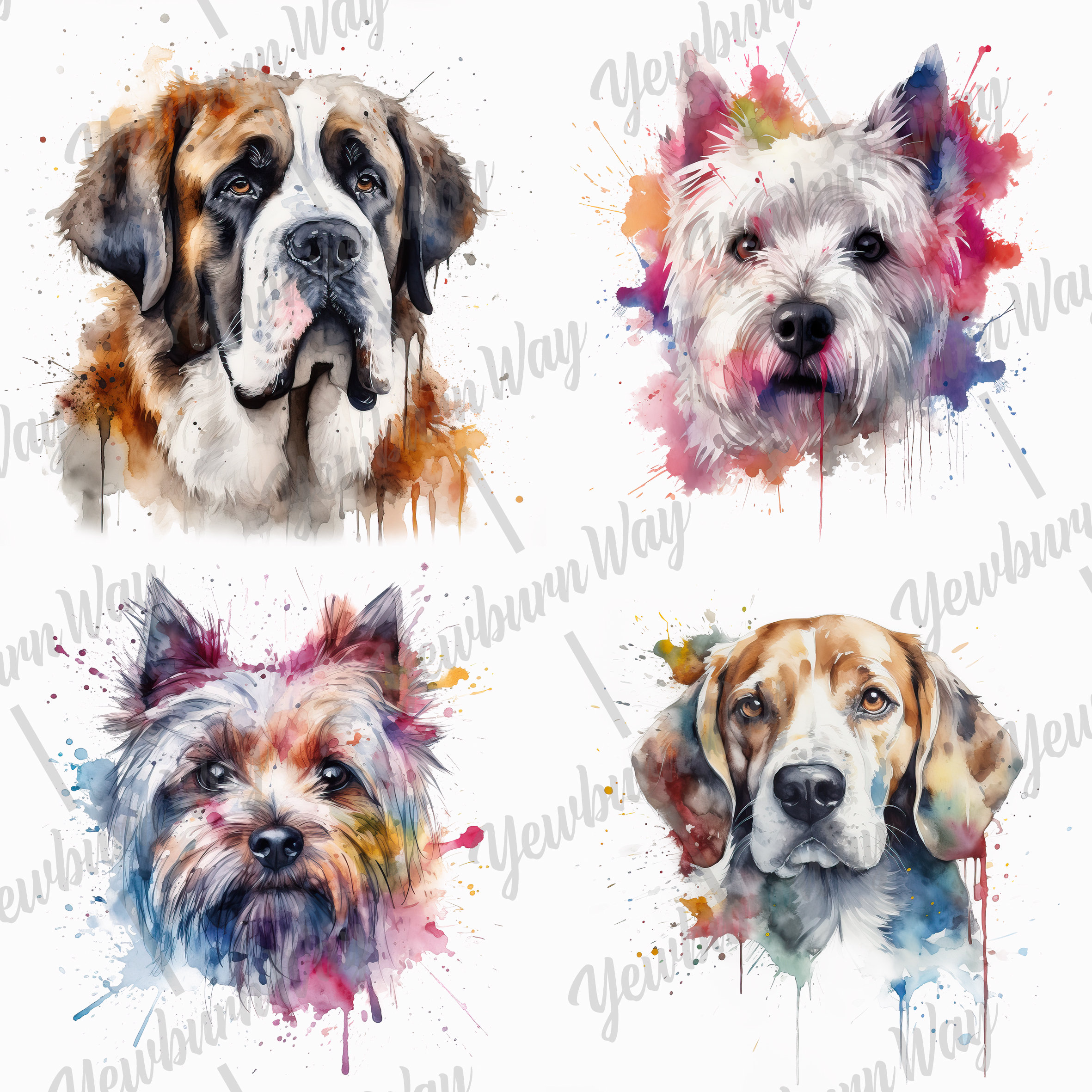 Digital Download Set, Printable Dog Art, Watercolour Dog Drawings for ...