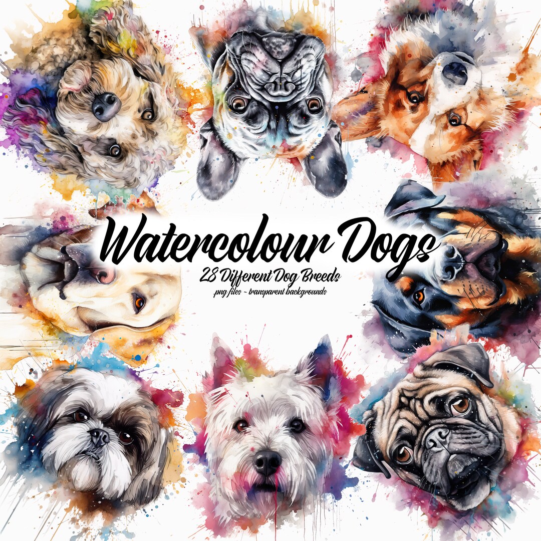 Digital Download Set, Printable Dog Art, Watercolour Dog Drawings for ...