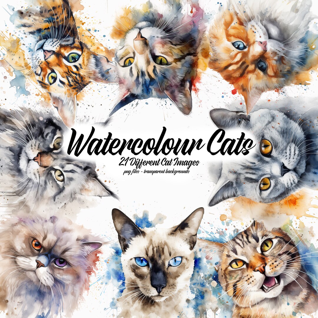 Digital Download Set, Printable Cat Art, Watercolour Cat Drawings for Home Print, Cat Design ...