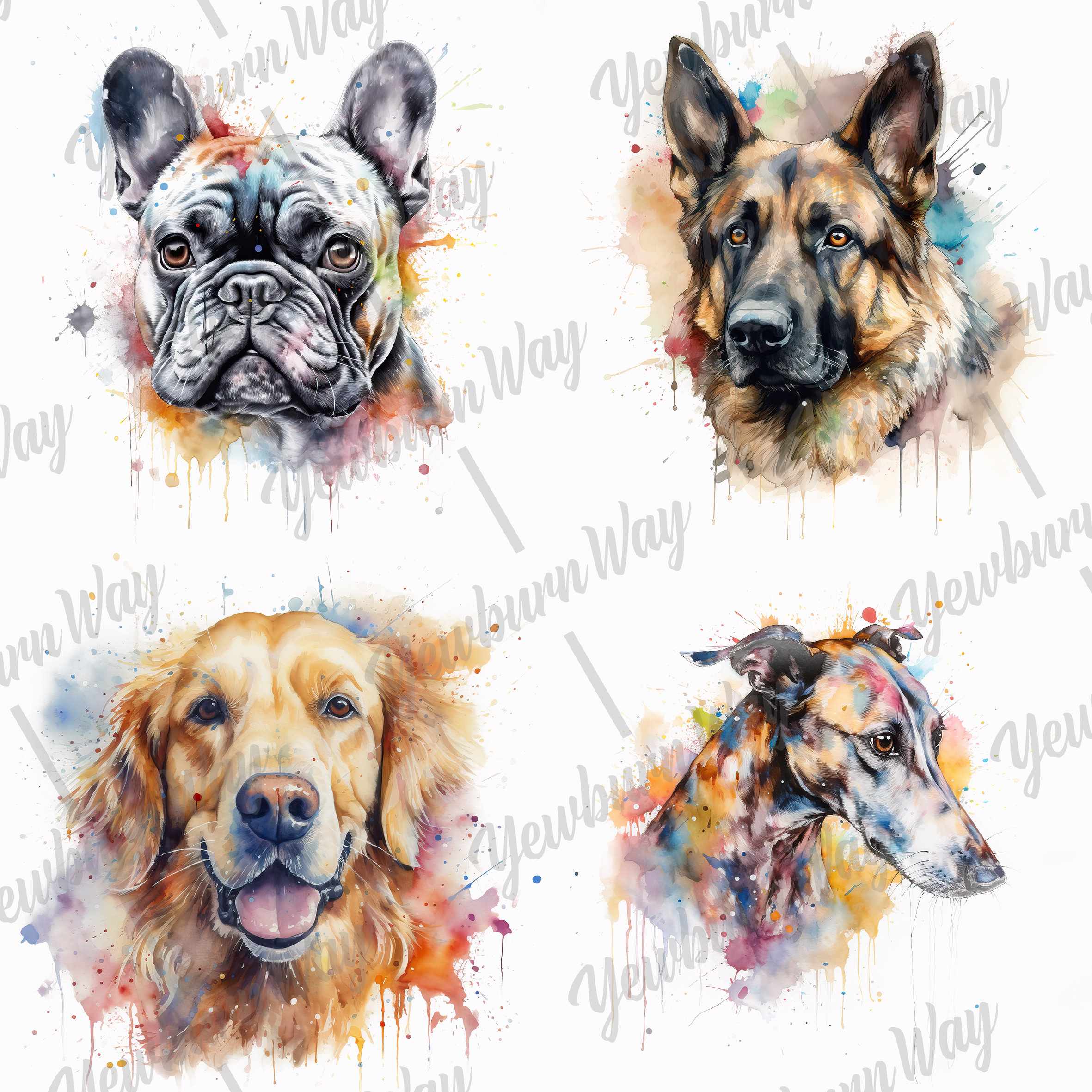 Digital Download Set, Printable Dog Art, Watercolour Dog Drawings for ...