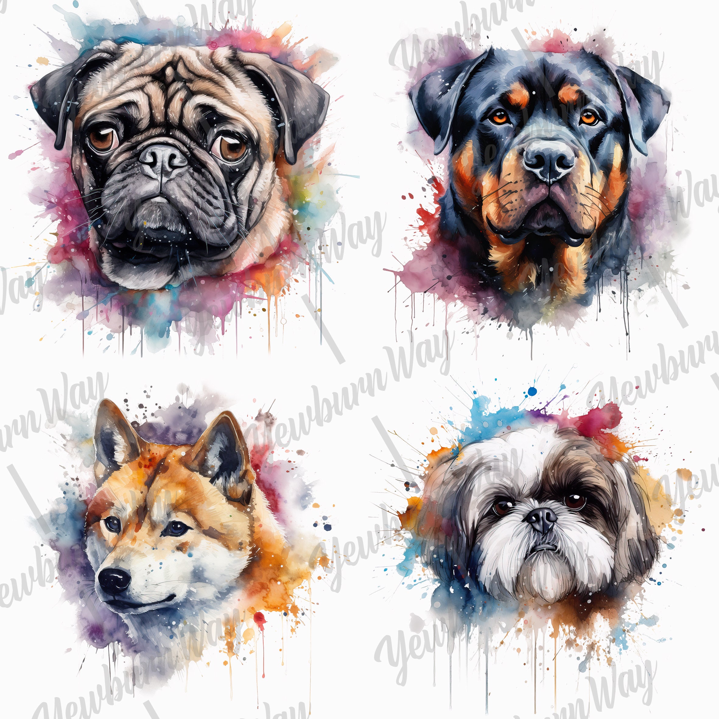 Digital Download Set, Printable Dog Art, Watercolour Dog Drawings for ...